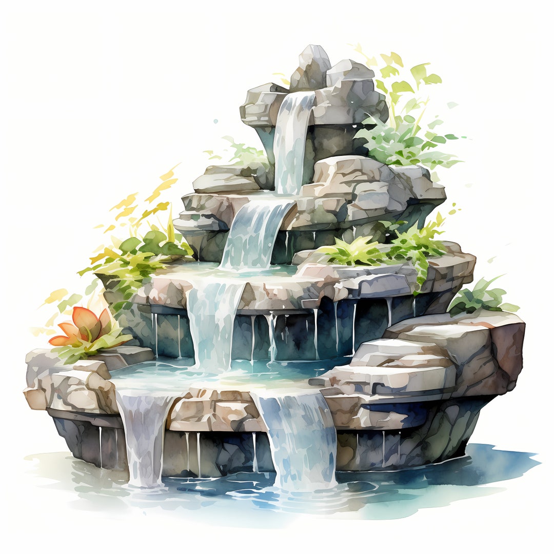 Stone Fountain Clipart, Garden Fountains Images, 10 Watercolor Clip Art ...