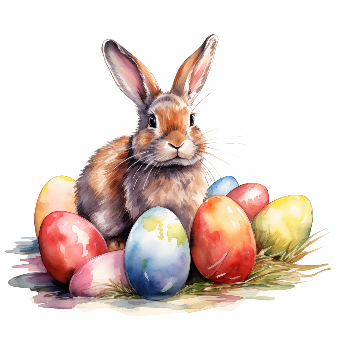 Easter Bunny Clipart, Rabbit With Eggs Images, 10 Watercolor Clip Art ...