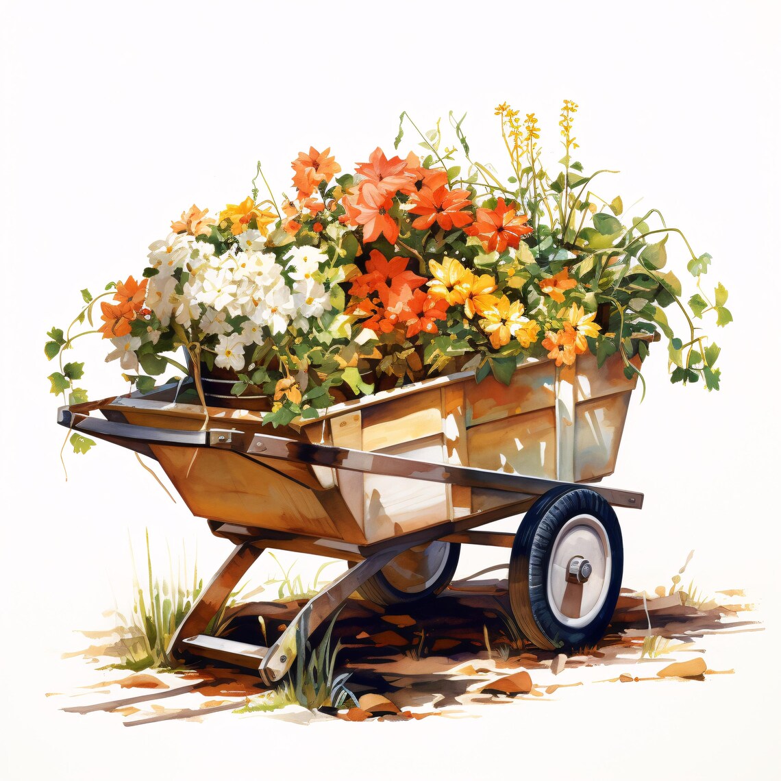 Flower Wheelbarrow Clipart, Garden Flower Cart Images, 10 Watercolor ...