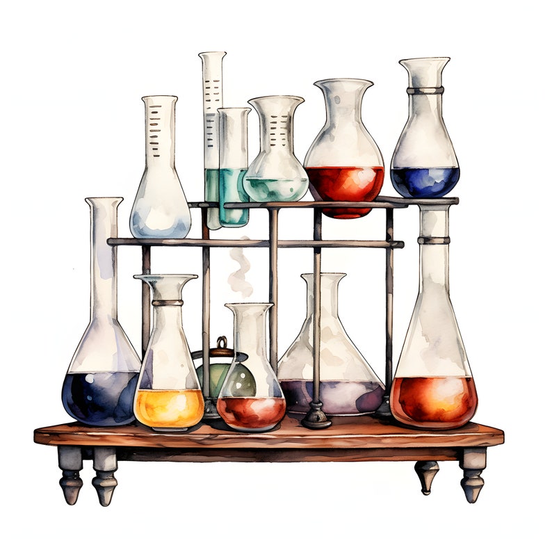 Chemistry Flasks Clipart, Antique Test Tubes Images, 10 Watercolor Clip ...
