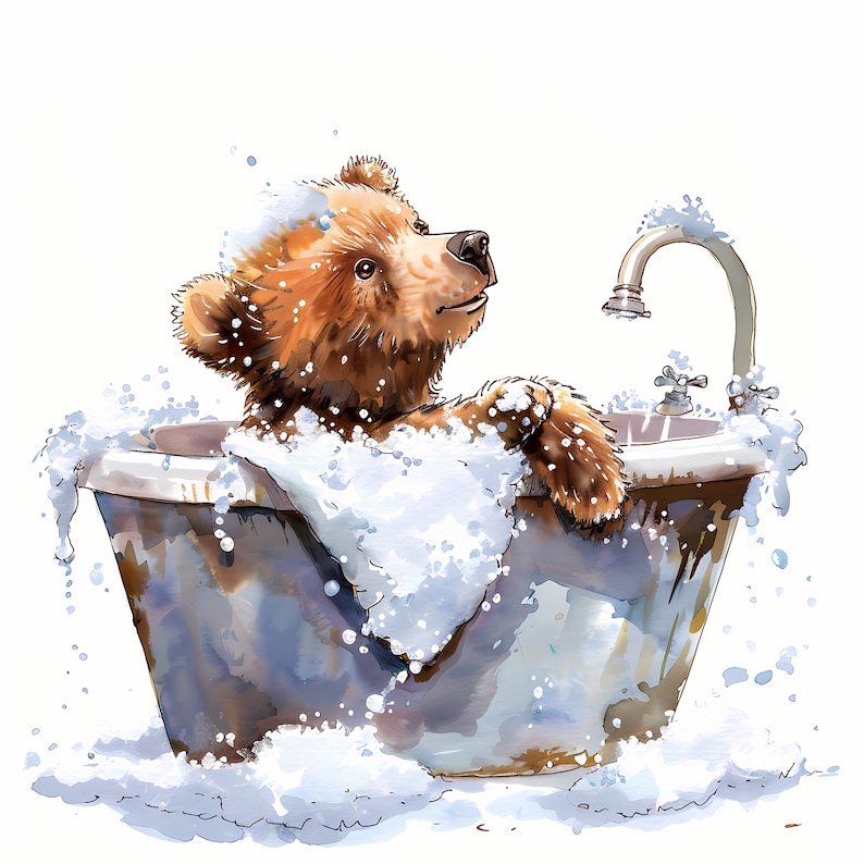 Bear in Bathtub Clipart, Bear Washing Images, 10 Watercolor Clip Art ...