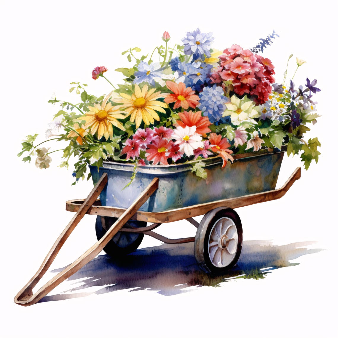 Flower Wheelbarrow Clipart, Garden Flower Cart Images, 10 Watercolor ...