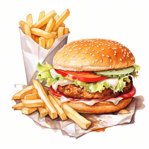 Burgers and Fries Clipart, Fast Food Images, 10 Watercolor Clip Art ...