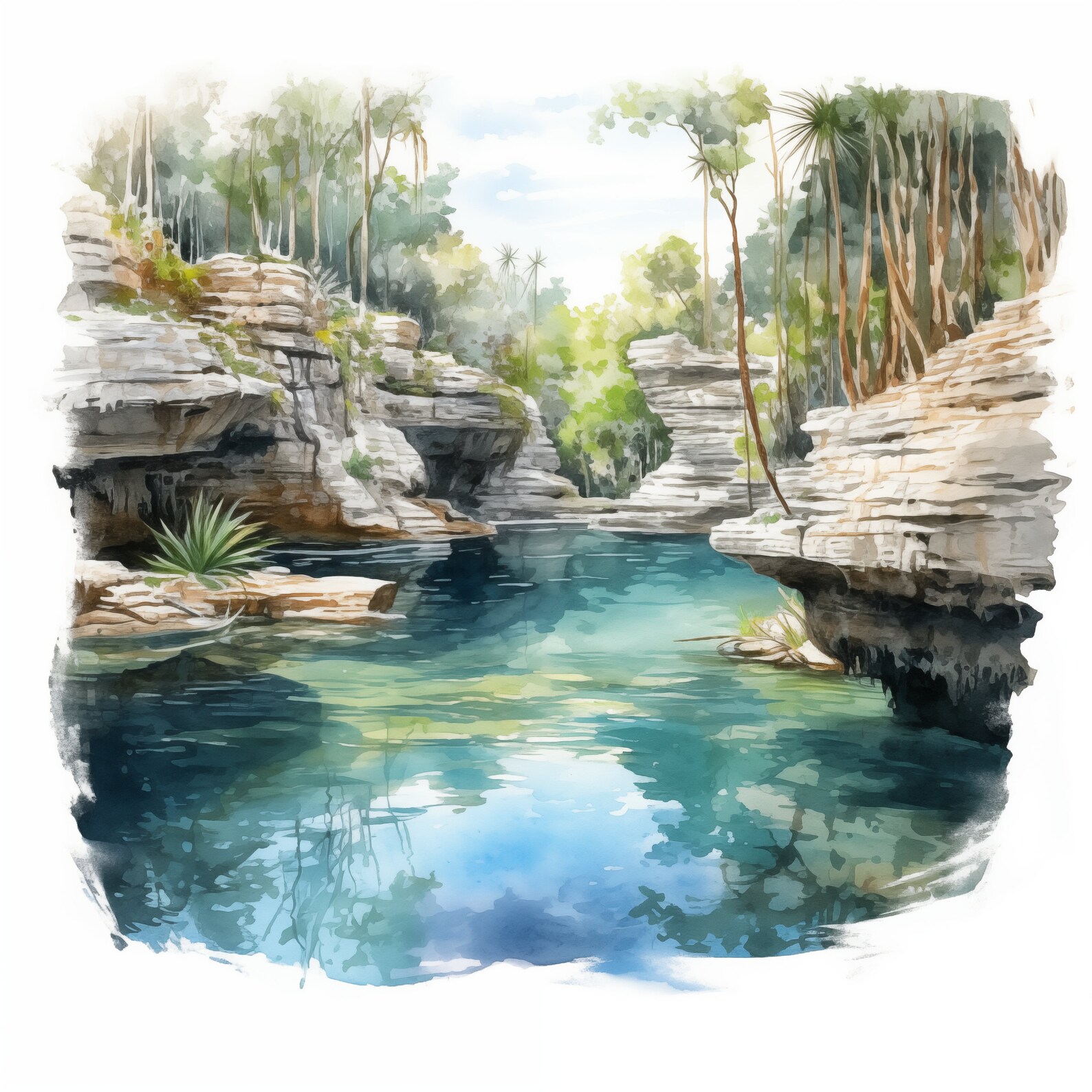 Cenote Landscape Clipart, Mexican Cenote Images, 10 Watercolor Clip Art ...