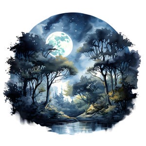 Watercolor Moonlit Forest Clipart: Full Moon Night Images (jpgs) - Etsy