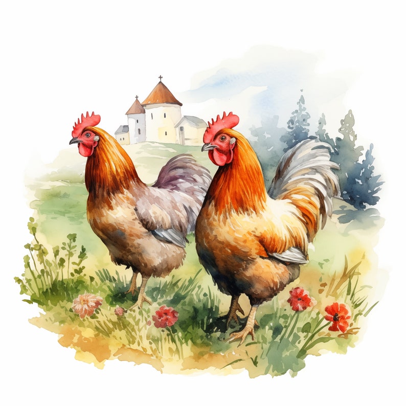 Chickens Clipart, Farm Chickens Images, 10 Watercolor Clip Art ...