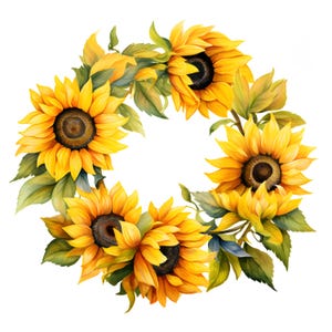 Watercolor Sunflower Wreath Clipart: Commercial Use JPG Images (digital ...