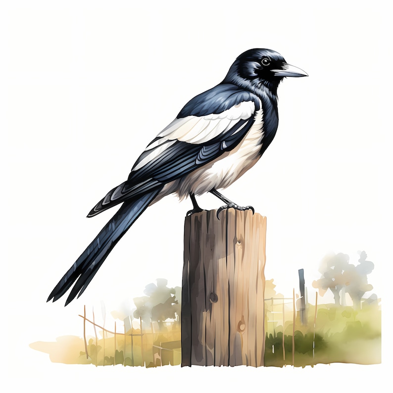Magpie Watercolor Clipart: Bird on Fence Post (printable Jpgs) - Etsy