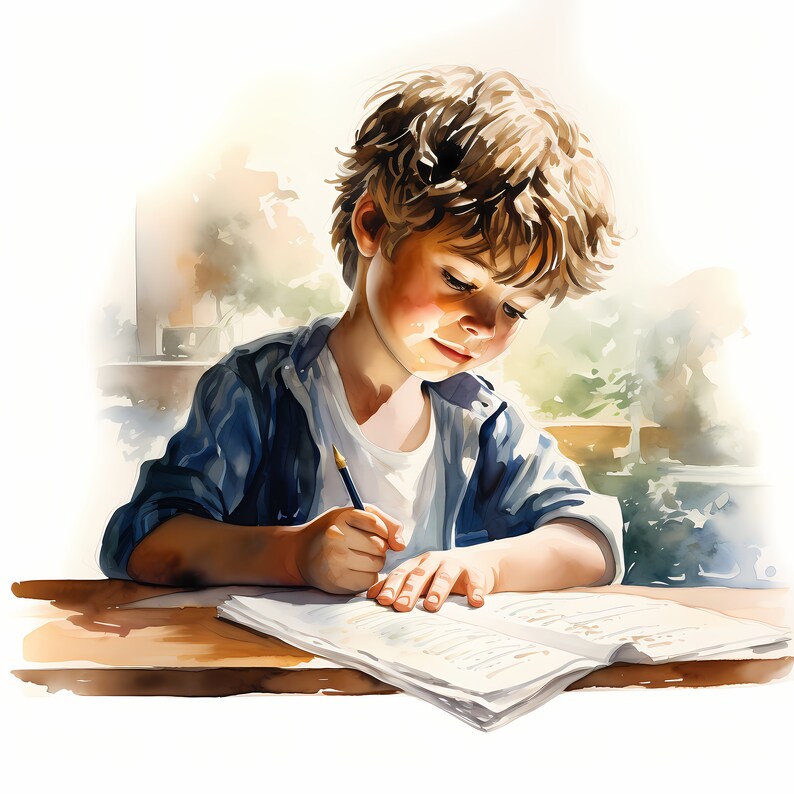 Child Writing Clipart, Back to School Images, 10 Watercolor Clip Art ...