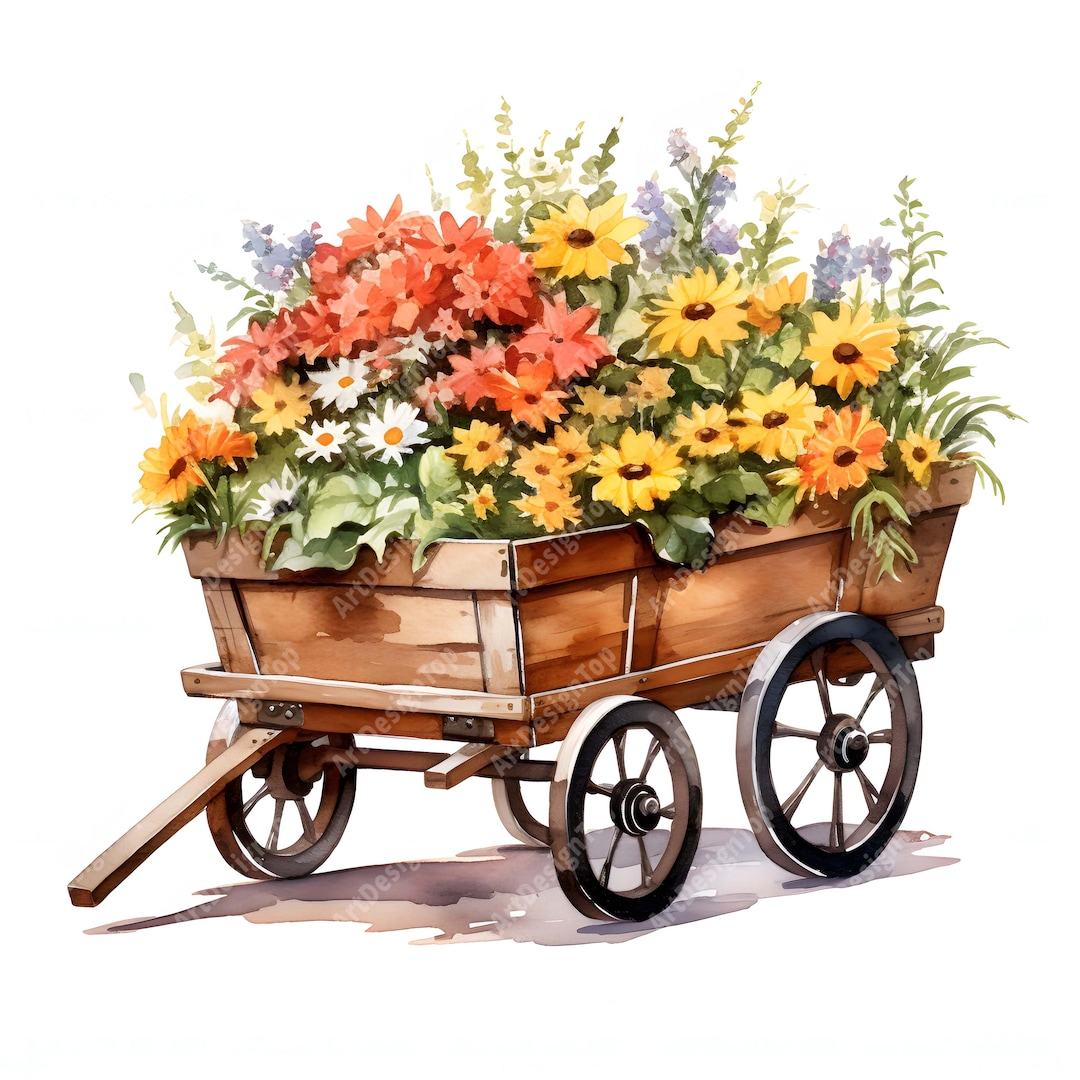 Garden Cart Clipart, Cart With Flowers Images, 10 Watercolor Clip Art ...