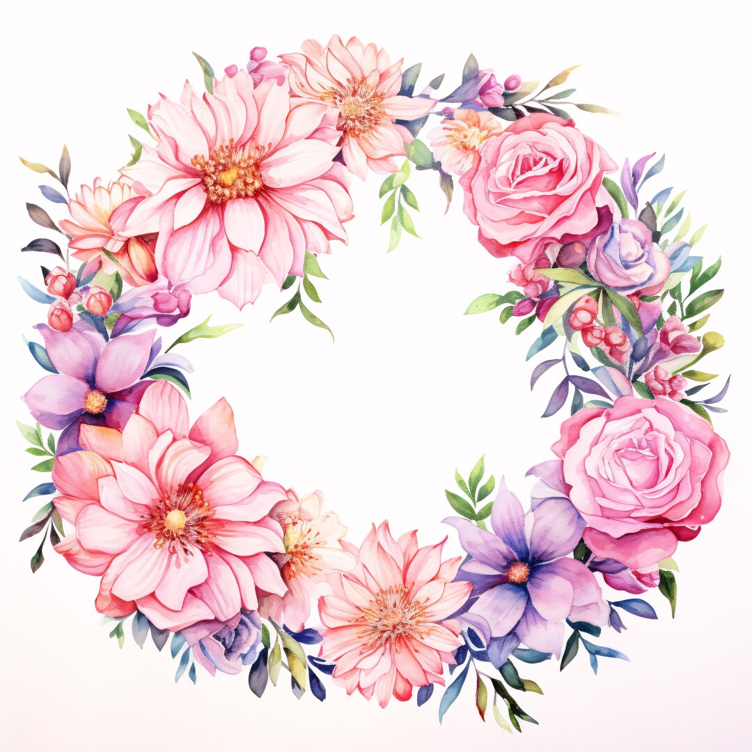Watercolor Floral Wreath Clipart: Spring Flower Circle (JPG Instant ...