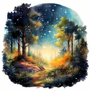 Watercolor Magical Night Forest Clipart: 10 JPG Images (commercial Use ...