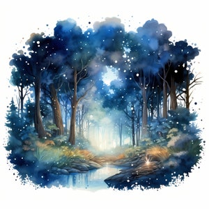 Watercolor Magical Night Forest Clipart: 10 JPG Images (commercial Use ...