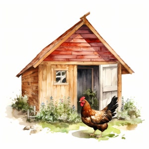 Chicken Coop Clipart, Chickens in Coop Images, 10 Watercolor Clip Art ...