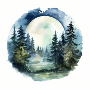 Full Moon Over Forest Clipart, Forest Moon Images, 10 Watercolor Clip ...