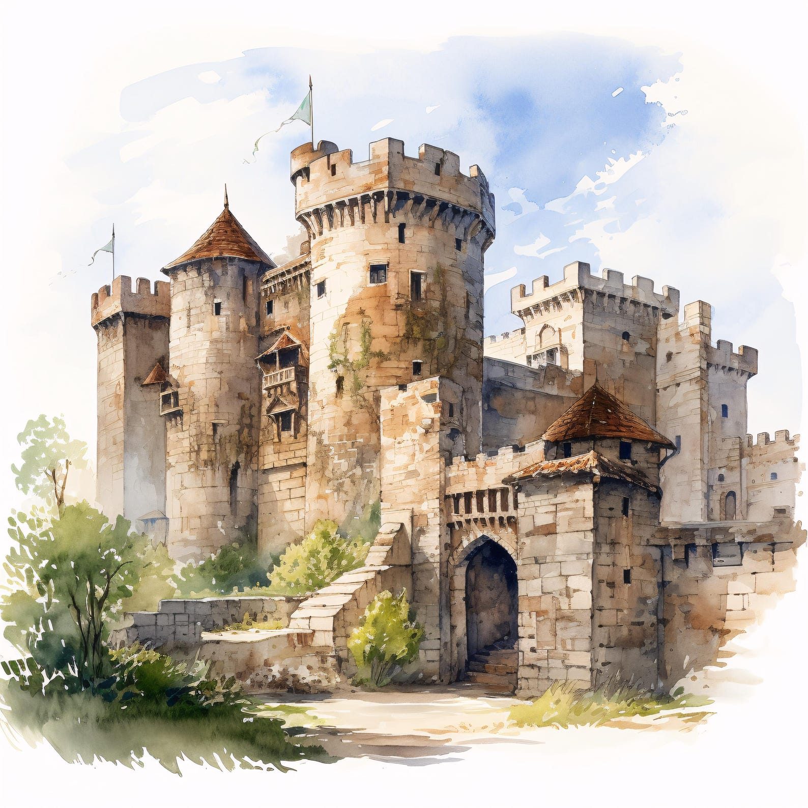 Medieval Castle Clipart, Fantasy Fortress Images, 10 Watercolor Clip ...