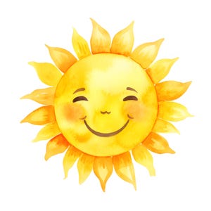 Smiling Sun Watercolor Clipart: Yellow Sun Images (JPG Digital Download ...
