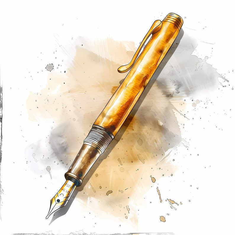 Vintage Fountain Pen Watercolor Clipart: 10 JPG Images (commercial Use ...