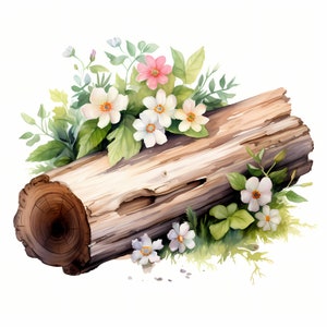 Log With Flowers Clipart, Wildflowers on Log Images, 10 Watercolor Clip ...
