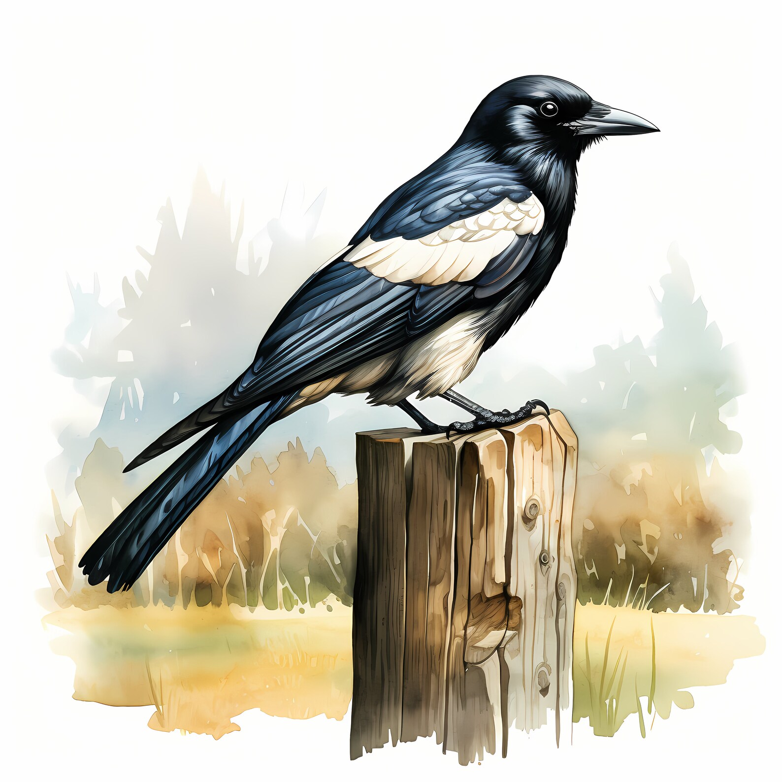 Magpie Watercolor Clipart: Bird on Fence Post (printable Jpgs) - Etsy
