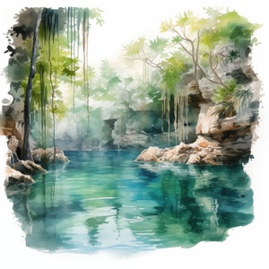 Cenote Landscape Clipart, Mexican Cenote Images, 10 Watercolor Clip Art ...