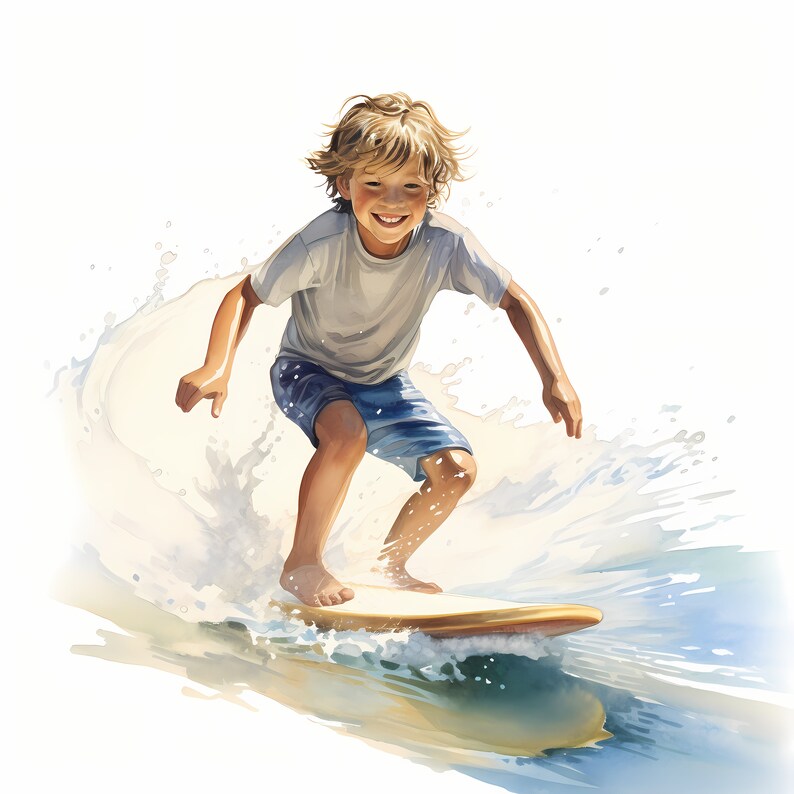 Child Surfing Clipart, Young Surfer Images, 10 Watercolor Clip Art ...
