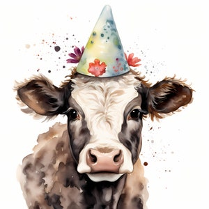 Cow Clipart, Cow With Party Hat Images, 10 Watercolor Clip Art ...