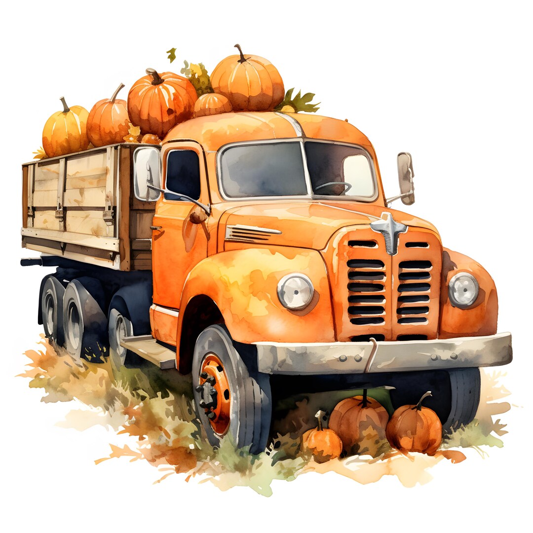 Pumpkin Truck Clipart, Truck With Pumpkins Images, 10 Watercolor Clip ...