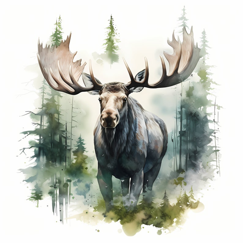 Moose Clipart, Moose and Forest Double Exposure Images, 10 Watercolor ...
