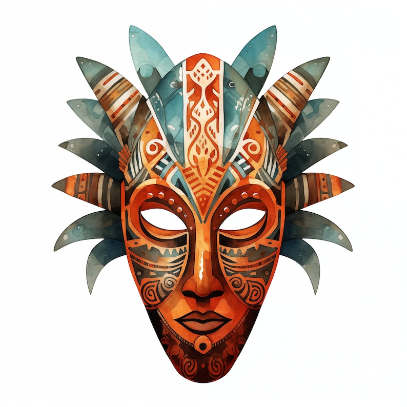 African Mask Clipart, Ancient Masks Images, 10 Watercolor Clip Art ...