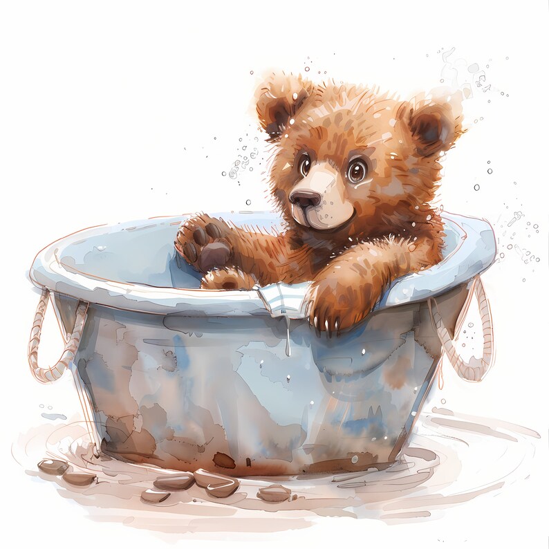 Bear in Bathtub Clipart, Bear Washing Images, 10 Watercolor Clip Art ...
