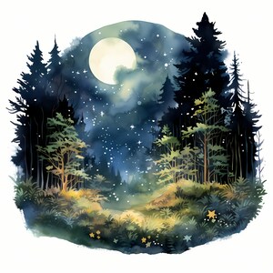 Watercolor Magical Night Forest Clipart: 10 JPG Images (commercial Use ...