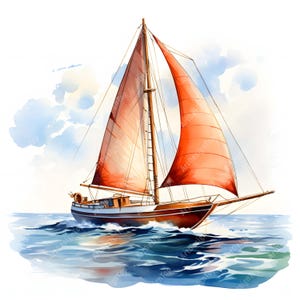 Watercolor Sailboat Clipart: Nautical Boat Images (JPG Digital Download ...