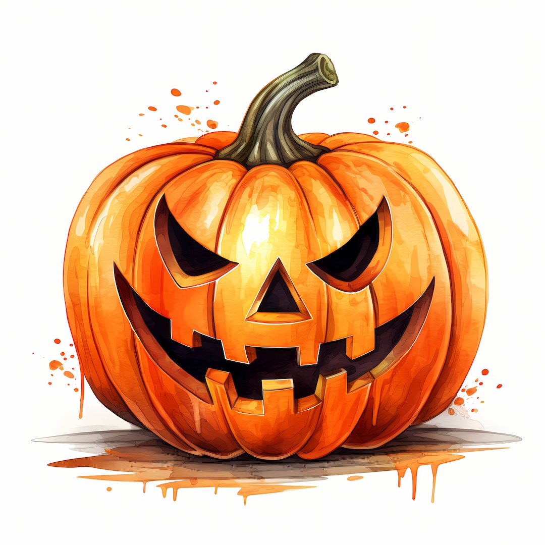 Scary Watercolor Pumpkin Clipart: Halloween Jack O' Lantern Images (JPG ...