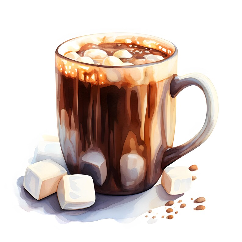 Watercolor Hot Chocolate Clipart: Marshmallow Drink Images (jpgs ...