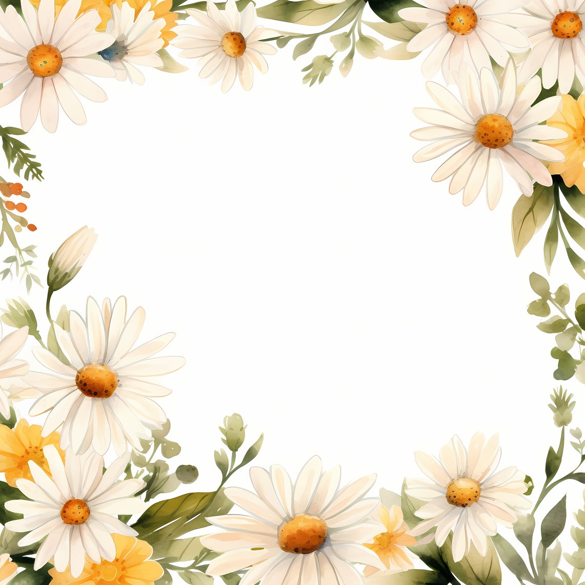 Watercolor Daisy Flower Border Clipart: Printable Frame Images (jpgs ...