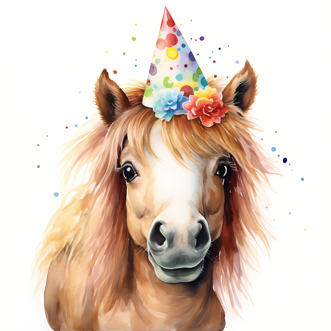 Watercolor Horse Clipart: Party Hat Animal Images (JPG, Commercial Use ...