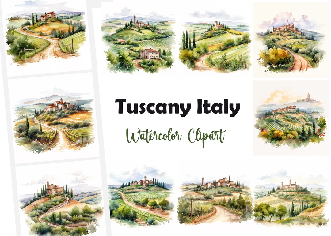 Tuscany Italy Clipart, Italy Landscape Images, 15 Watercolor Clip Art ...