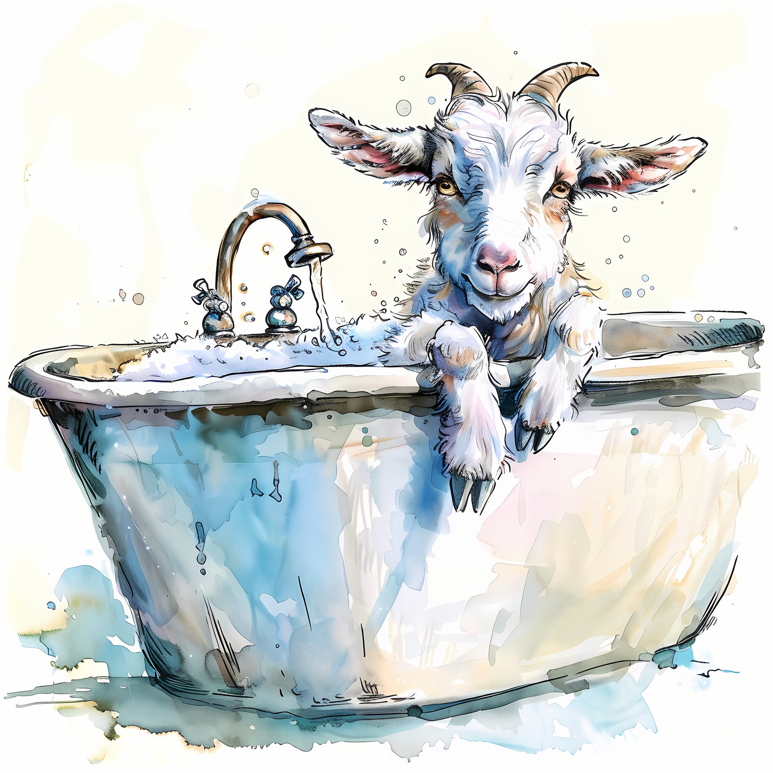 Goat in Bathtub Clipart, Goat Washing Images, 10 Watercolor Clip Art ...