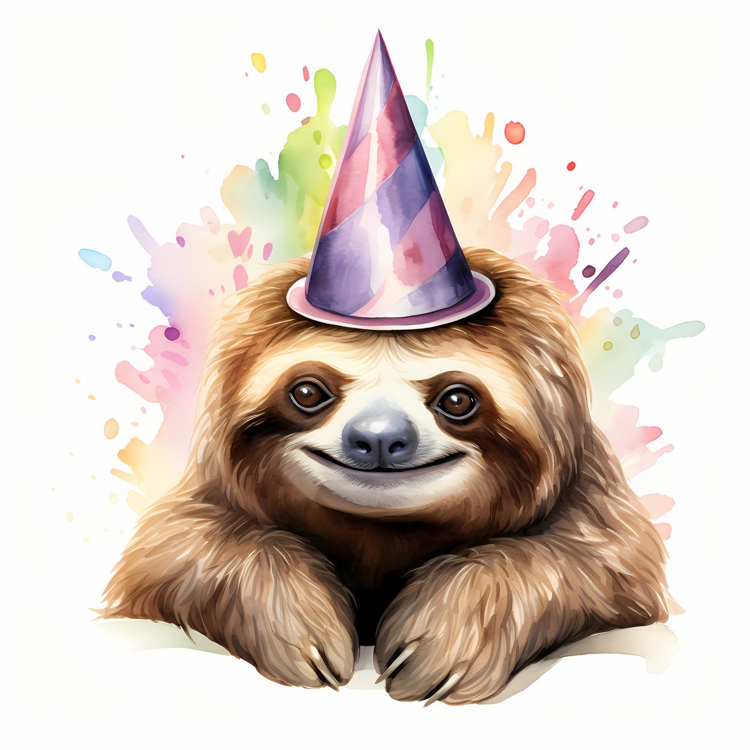 Sloth Clipart, Sloth With Party Hat Images, 10 Watercolor Clip Art ...