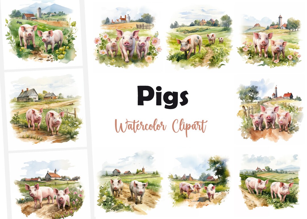Farm Pigs Clipart, Farmyard Piglets Images, 12 Watercolor Clip Art ...