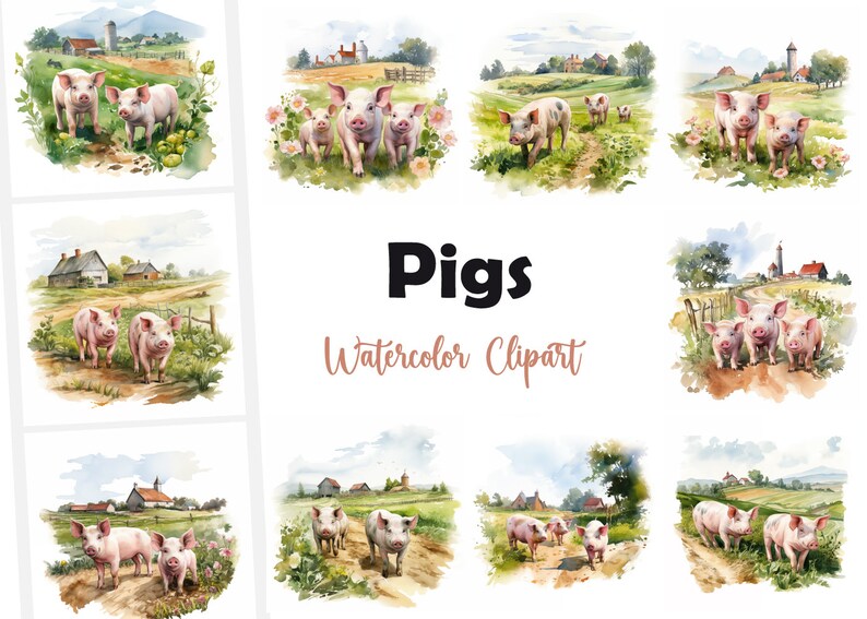 Farm Pigs Clipart, Farmyard Piglets Images, 12 Watercolor Clip Art ...