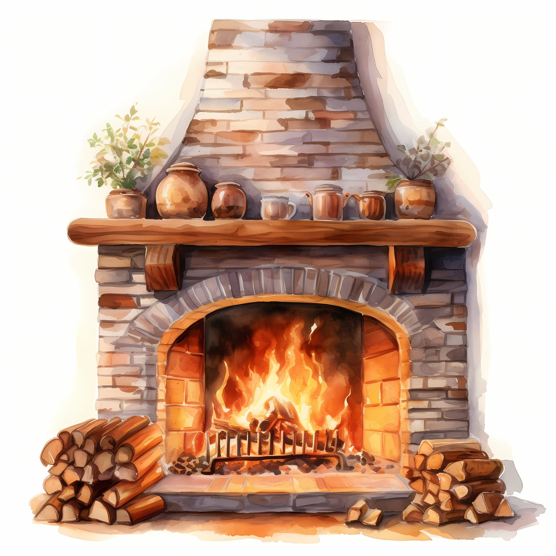 Fireplace Clipart, Christmas Fireplace Images, 10 Watercolor Clip Art ...