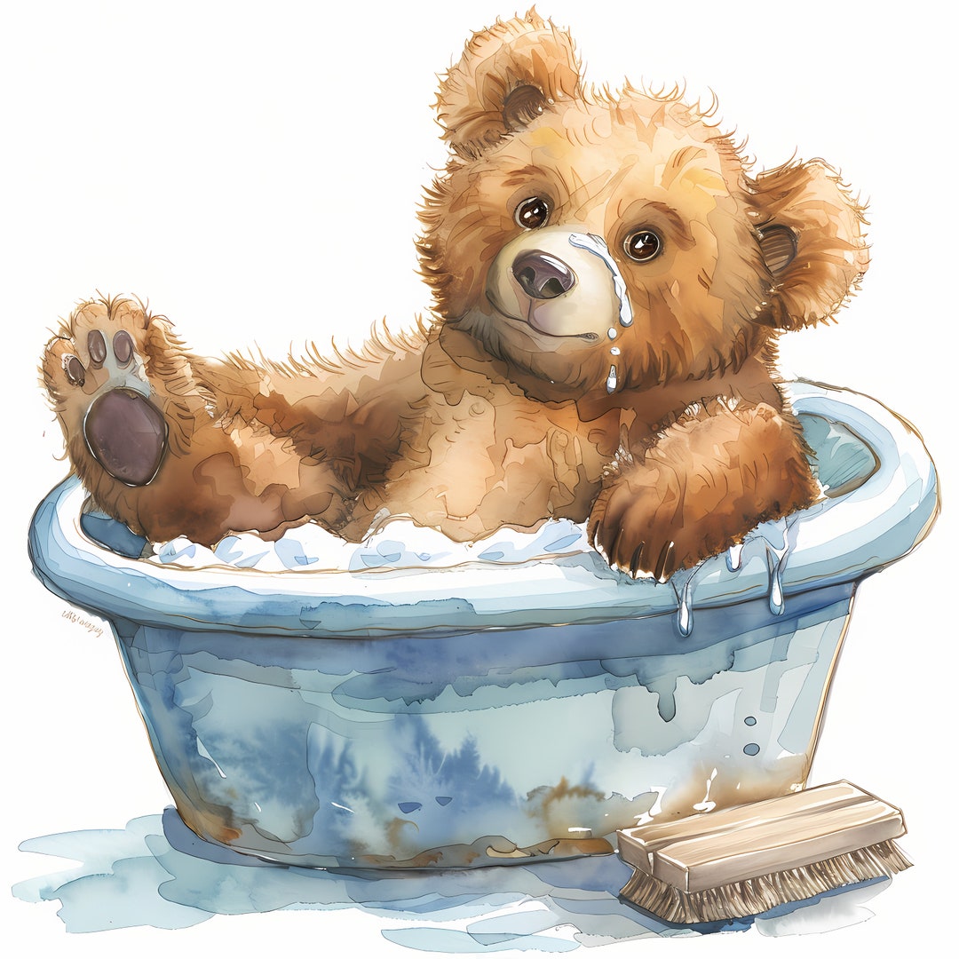 Bear in Bathtub Clipart, Bear Washing Images, 10 Watercolor Clip Art ...