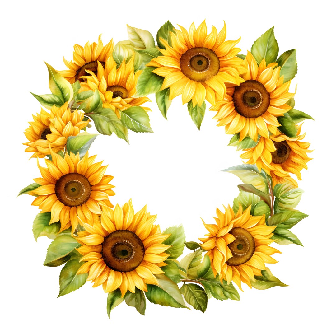 Watercolor Sunflower Wreath Clipart: Commercial Use JPG Images (digital ...