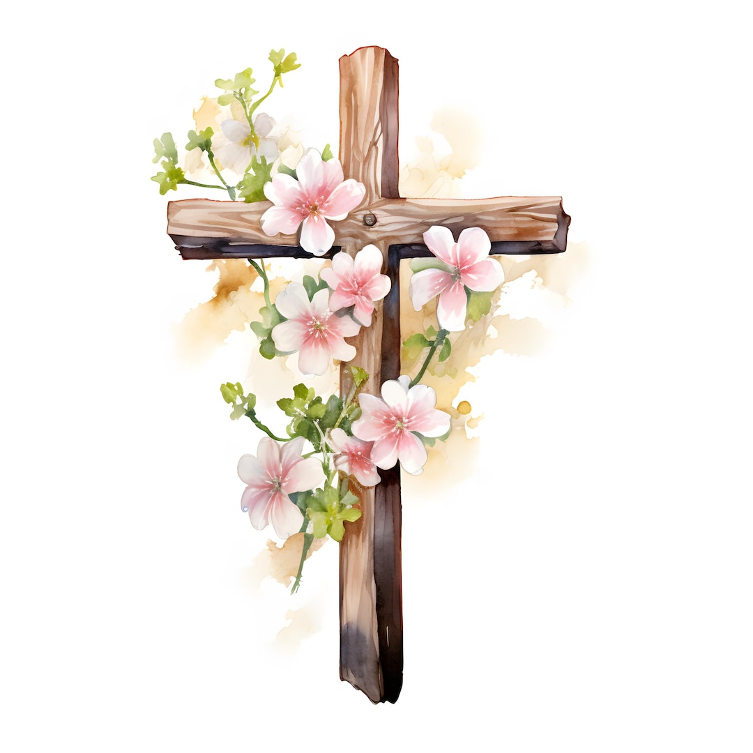 Floral Cross Clipart, Flower Wood Cross Images, 10 Watercolor Clip Art ...