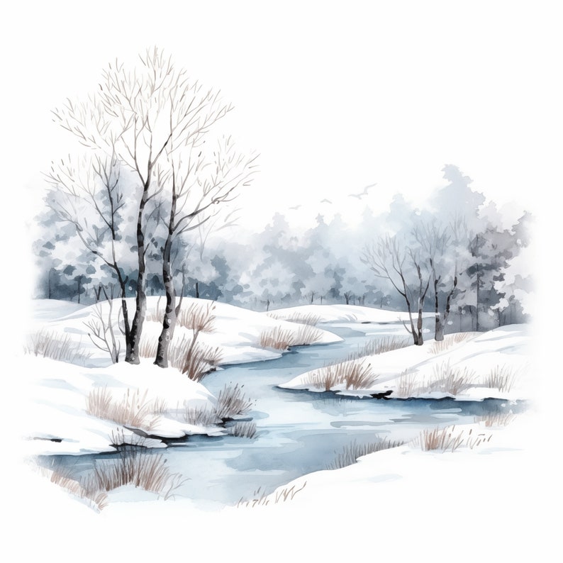 Watercolor Winter Landscape Clipart: 10 JPG Images (commercial Use) - Etsy