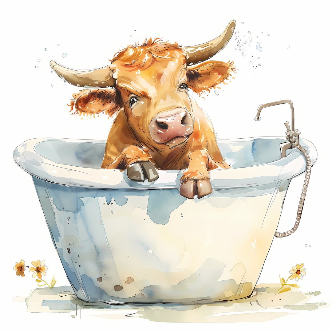 Bull in Bathtub Clipart, Highland Cow Washing Images, 10 Watercolor ...