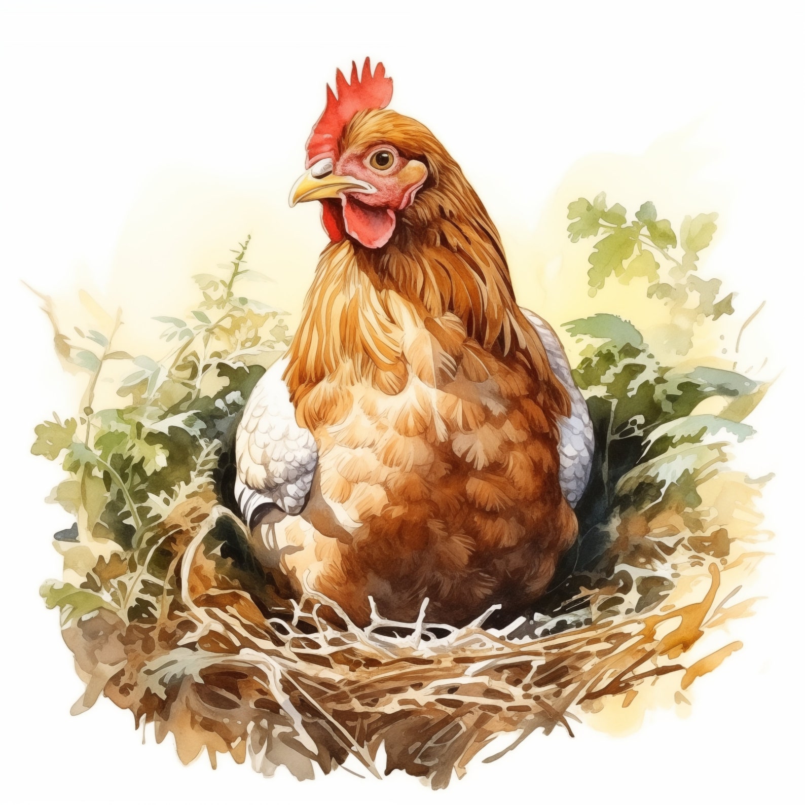 10 Hen in Nest, Hen Sitting on Eggs JPG, Watercolor Clipart, Printable ...