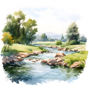 River Landscape Clipart, Spring River Images, 10 Watercolor Clip Art ...